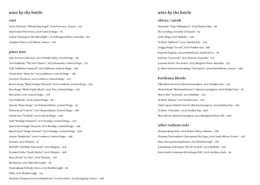 Menu at Rata restaurant, Queenstown