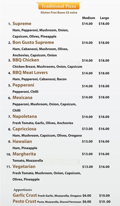 Carta del restaurante Bon Gusto, Petersham, 1/98-106 Audley St