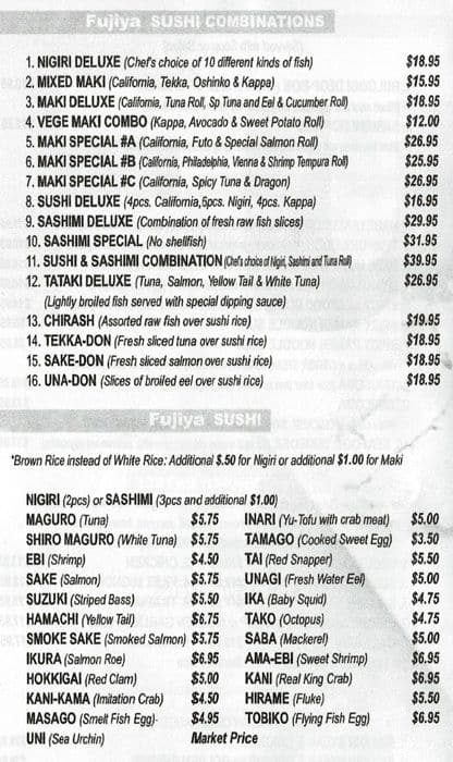 Menu at Fuji Ya restaurant, Harwood Heights, N Harlem Ave