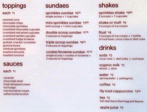 Menu at Sprinkles Houston desserts, Houston