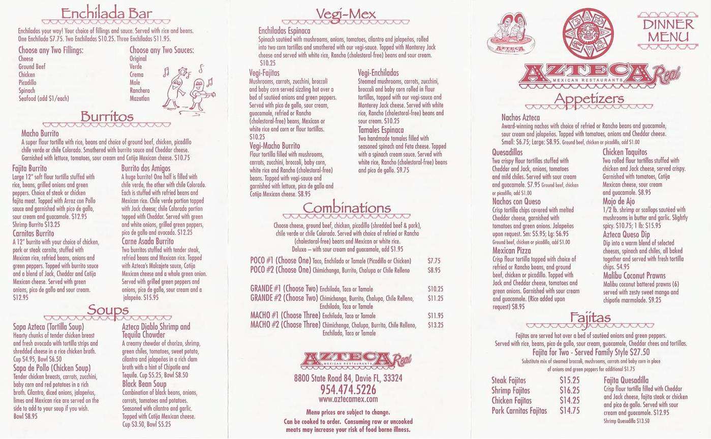 Menu at Azteca Mexican Restaurant, Davie