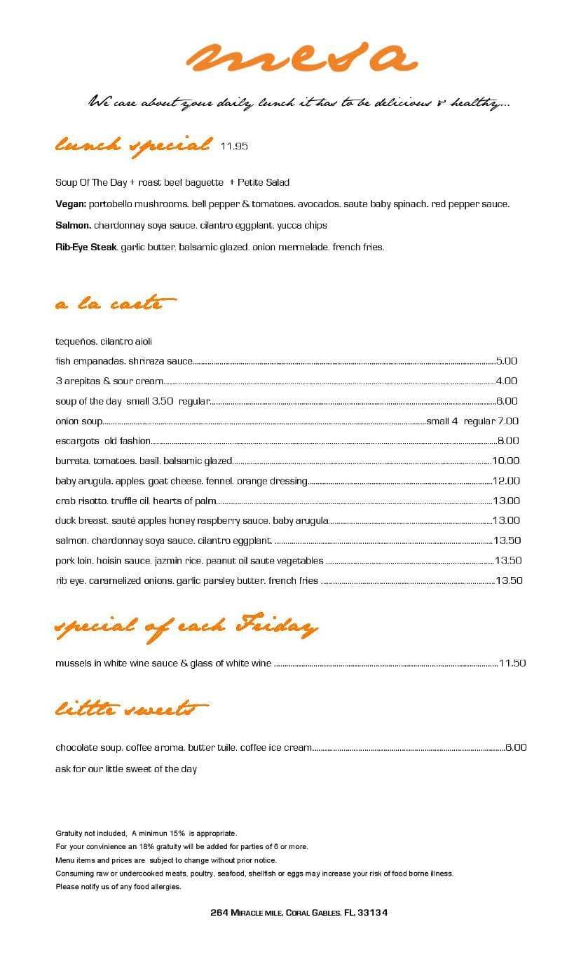 Menu at Mesa restaurant, Coral Gables