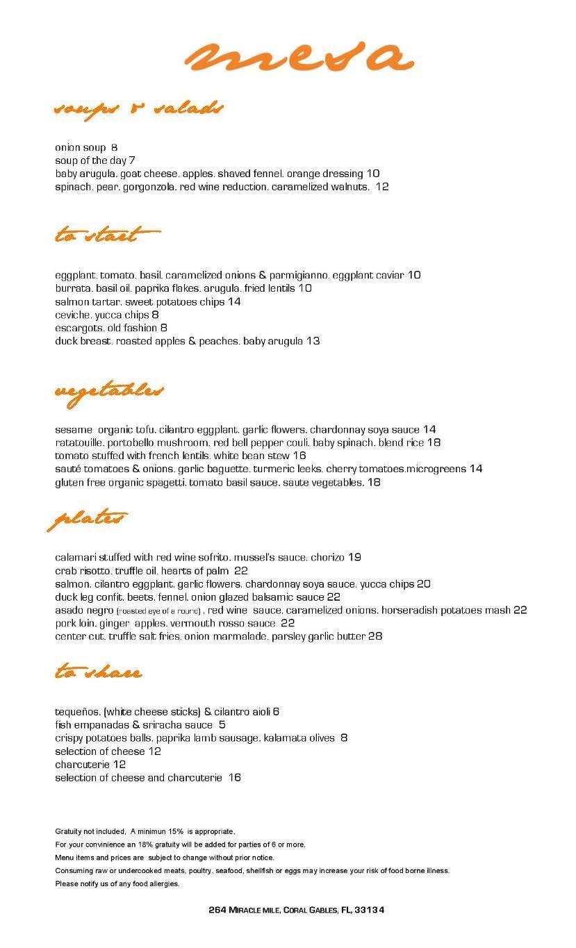 Menu at Mesa restaurant, Coral Gables