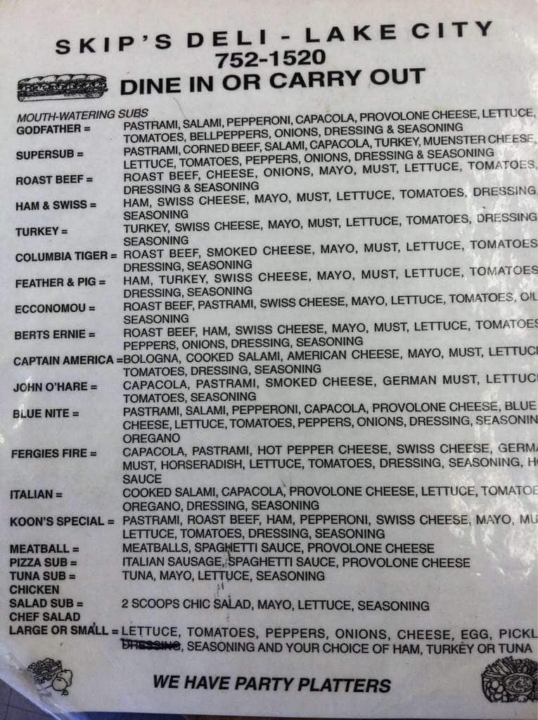 Menu at Skip's Deli, Lake City