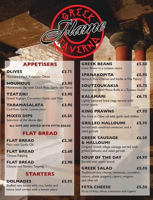 Menu at Greek Flame restaurant, Lytham Saint Annes