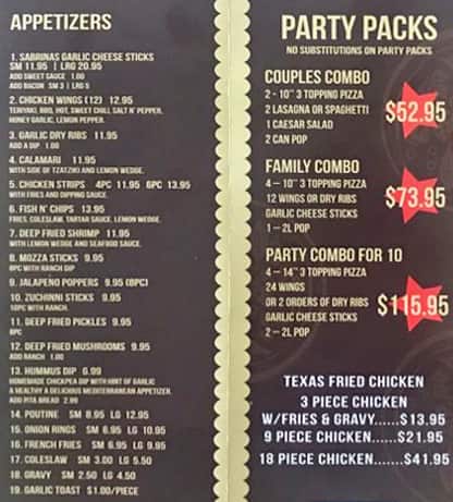 Menu at Sabrina's Pizzeria, Blackfalds