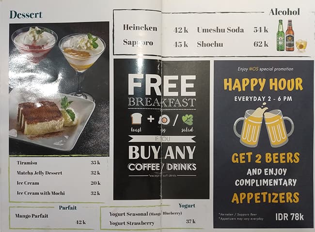 Menu at MOS Cafe, South Jakarta, Summitmas II Building