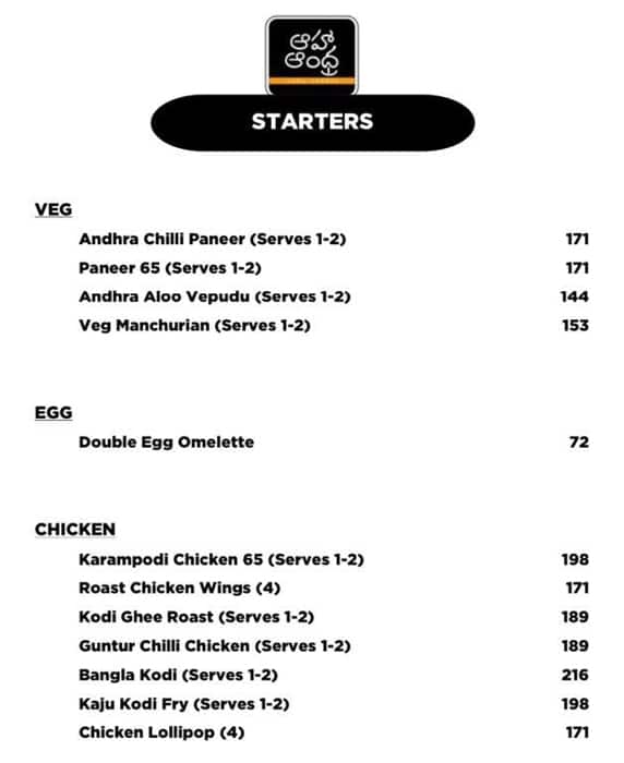 Menu of Aaha Andhra, Attapur, Hyderabad