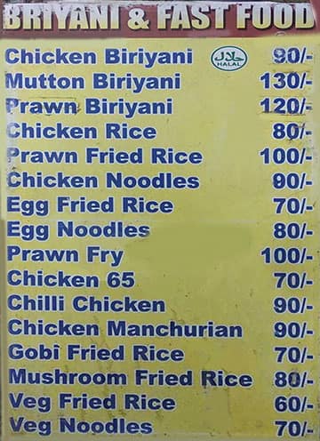 Menu of Hyderabad Biriyani & Fast Food, Ekkaduthangal, Chennai