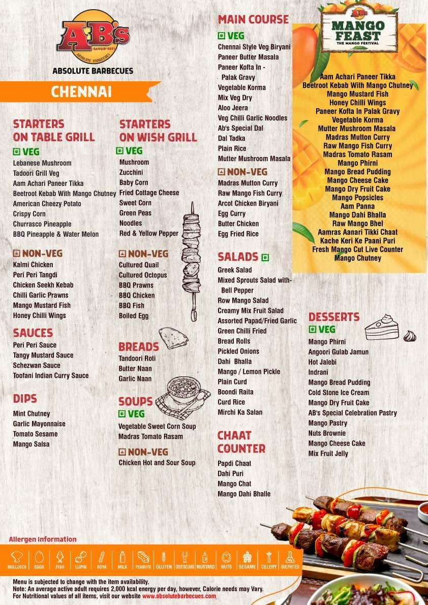 Menu of AB's - Absolute Barbecues, T. Nagar, Chennai