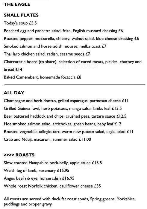 Menu at The Eagle pub & bar, London, 215 Askew Rd