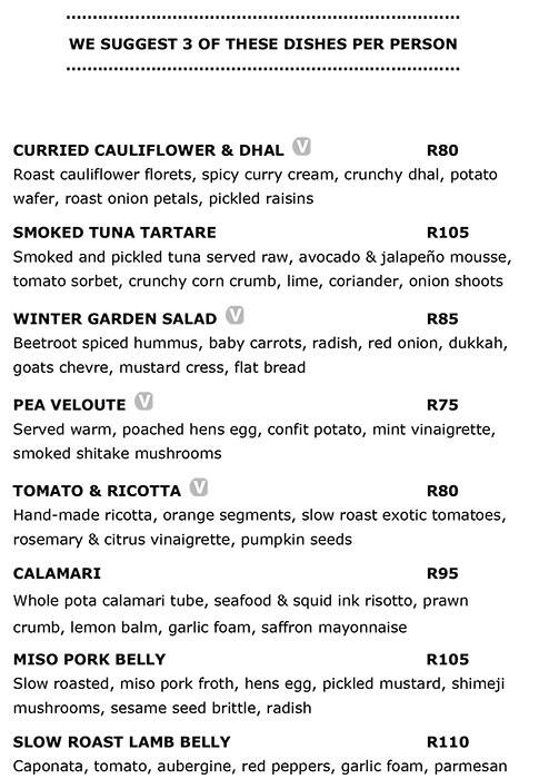 Menu at WORKSHOP 55 restaurant, Johannesburg