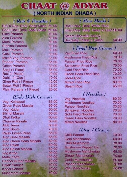 Chaat @ Adyar Menu, Menu for Chaat @ Adyar, Adyar, Chennai - Zomato
