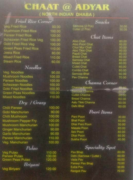 Menu of Chaat @ Adyar, Adyar, Chennai