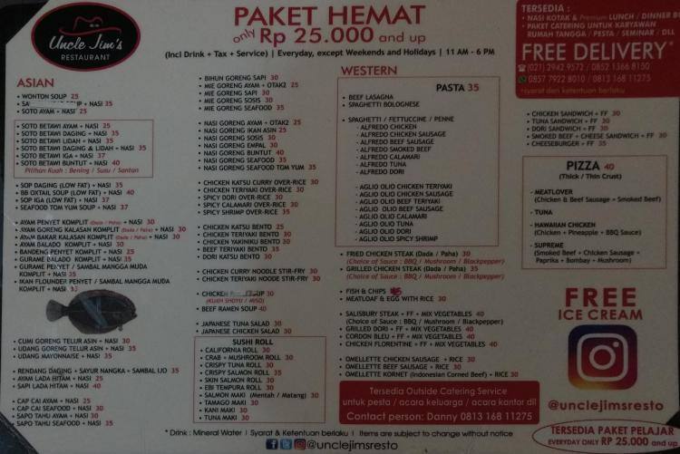 Carta del restaurante Uncle Jim’s, Tangerang