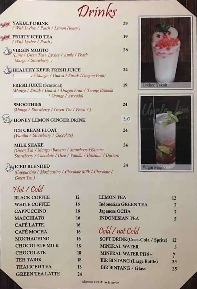 Carta del restaurante Uncle Jim’s, Tangerang