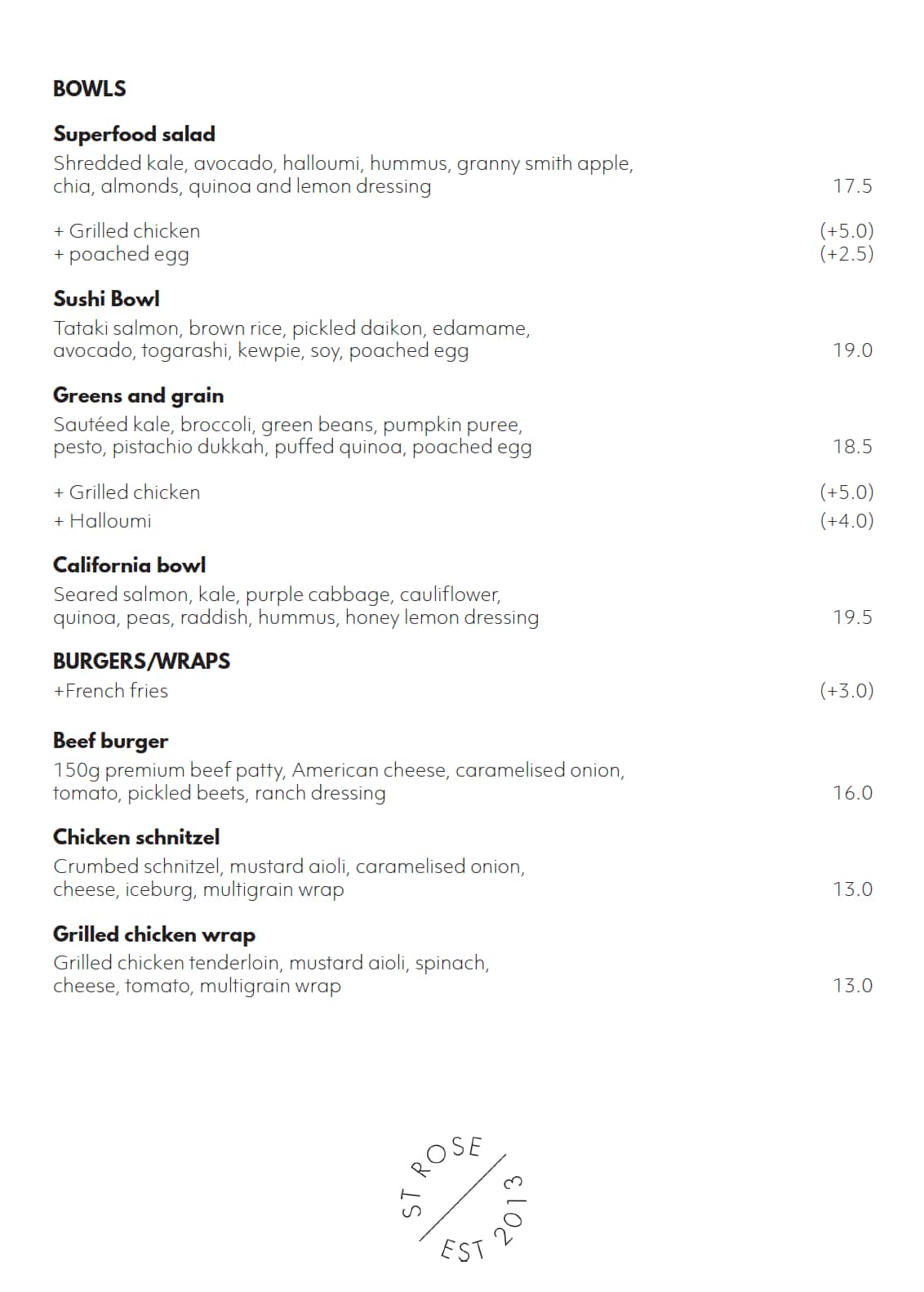 Menu at St Rose cafe, Essendon