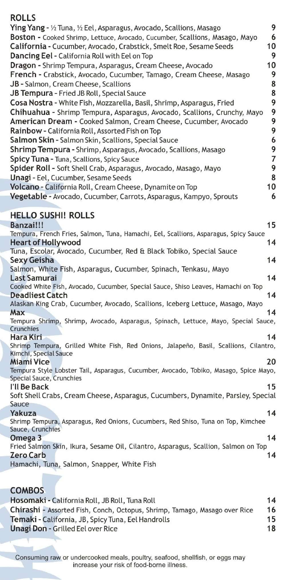 Menu at Hello Sushi restaurant, Hollywood