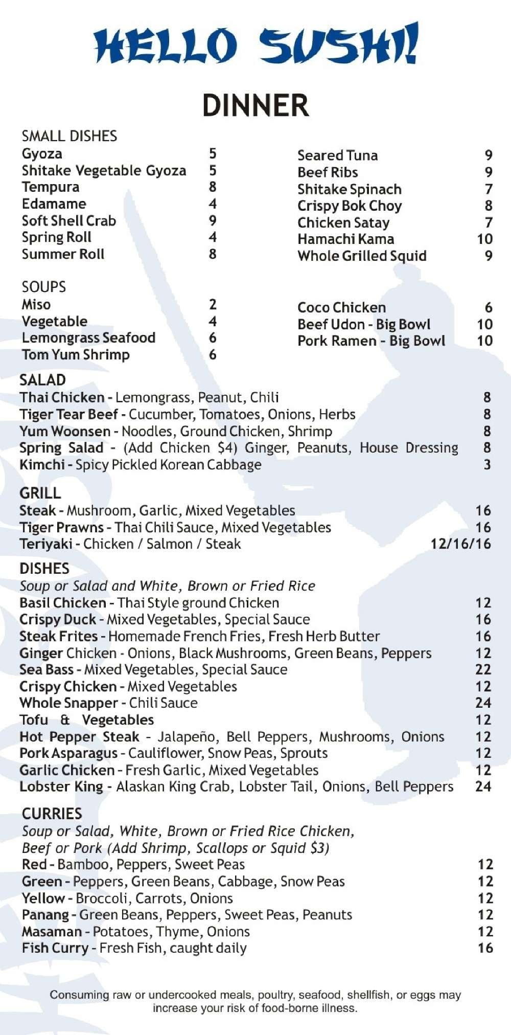 Menu at Hello Sushi restaurant, Hollywood