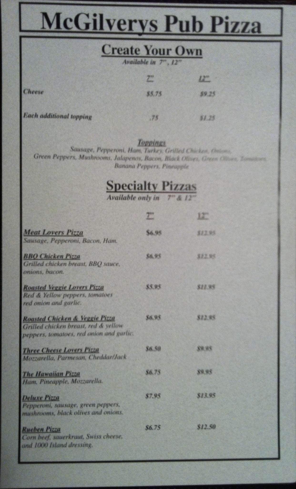 Menu at McGilvery's Speedway pub & bar, Indianapolis, N High School Rd