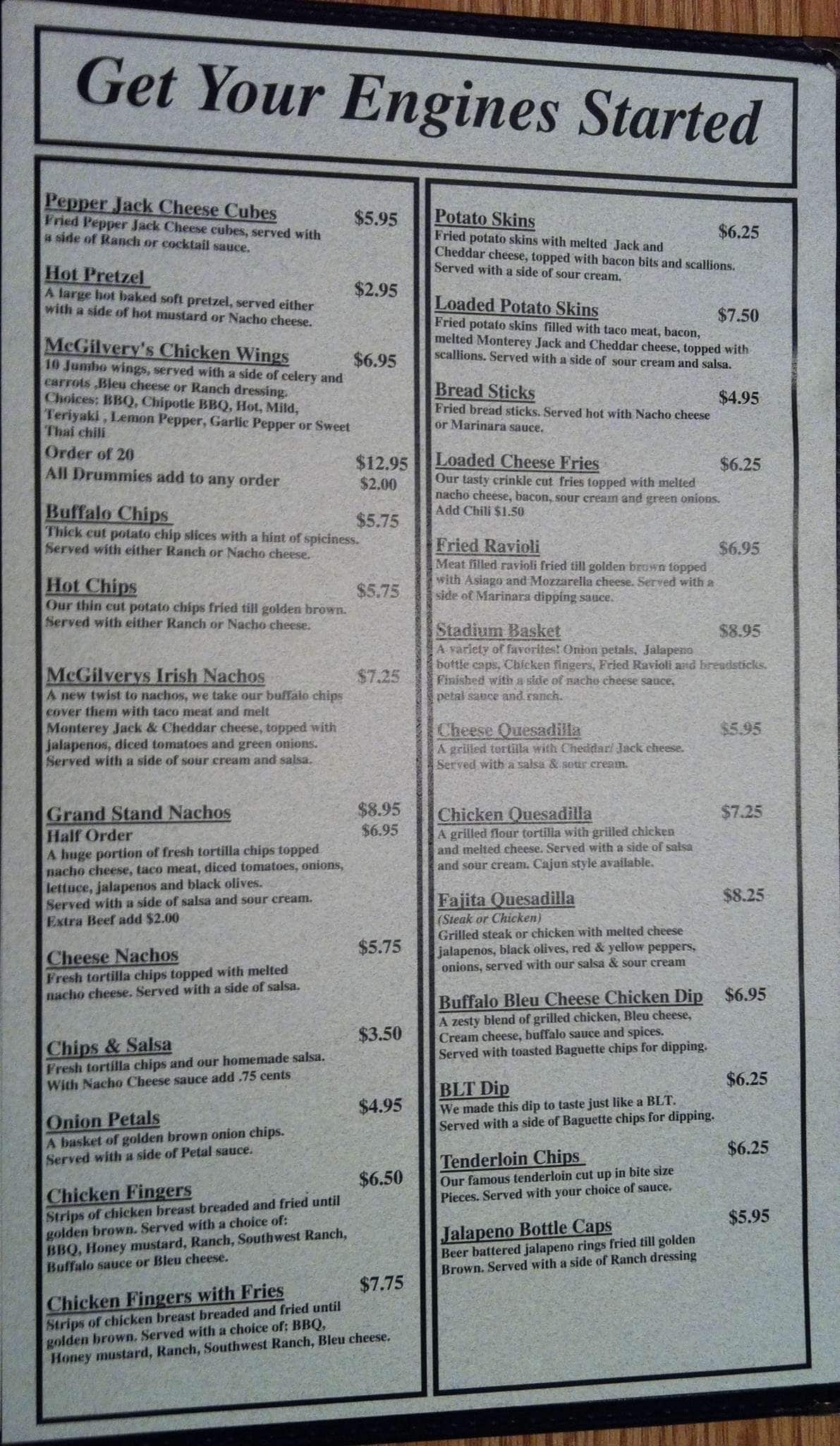 Menu at McGilvery's Speedway pub & bar, Indianapolis, N High School Rd