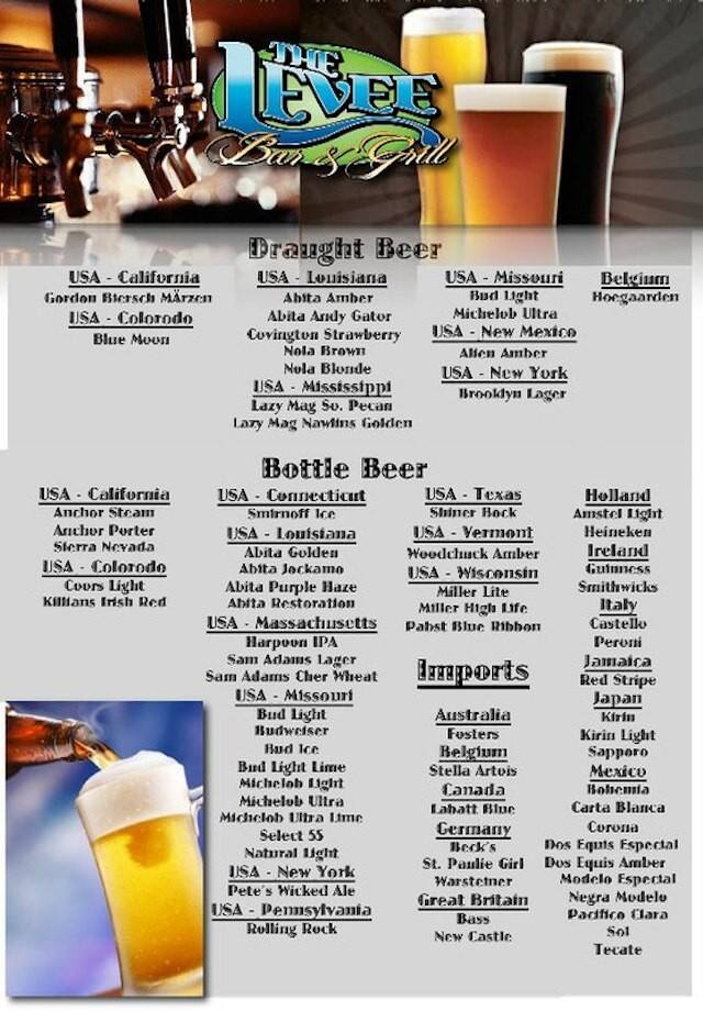 Menu at Levee Bar, Gretna