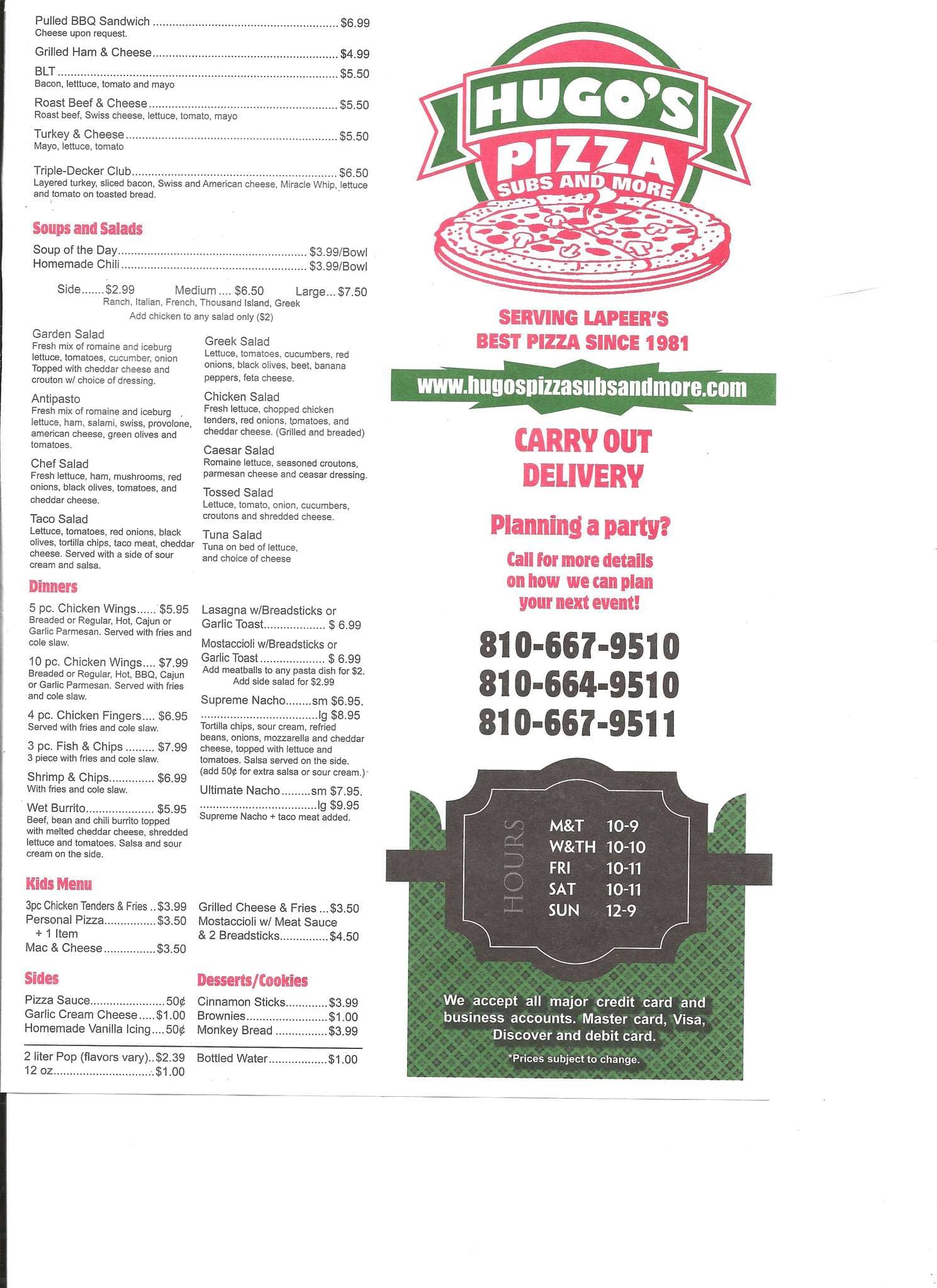 Menu at Hugo's Pizza pizzeria, Lapeer