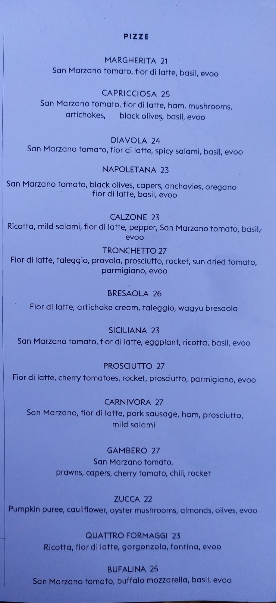 Menu at Matteo Downtown restaurant, Sydney