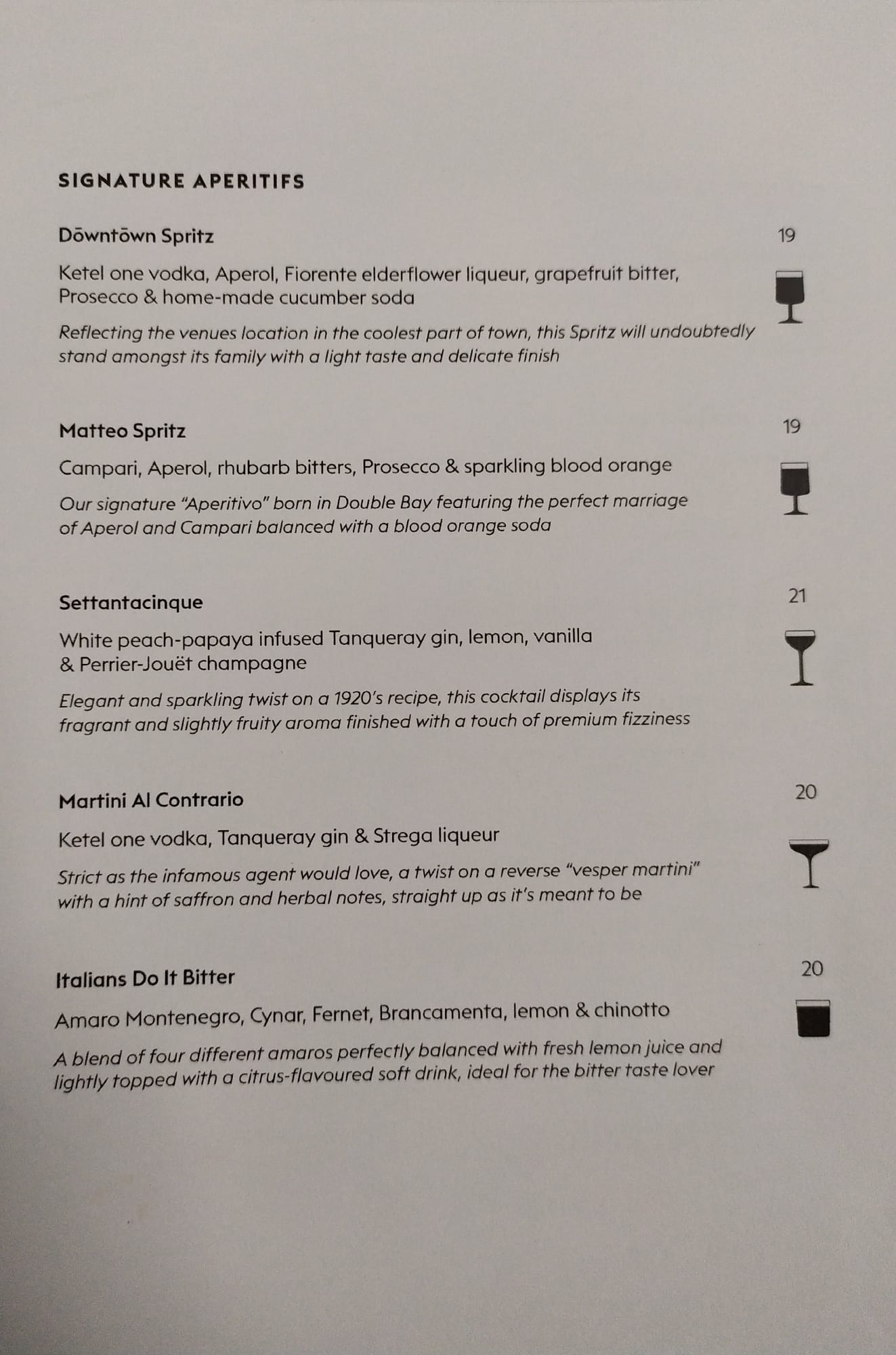 Menu at Matteo Downtown restaurant, Sydney