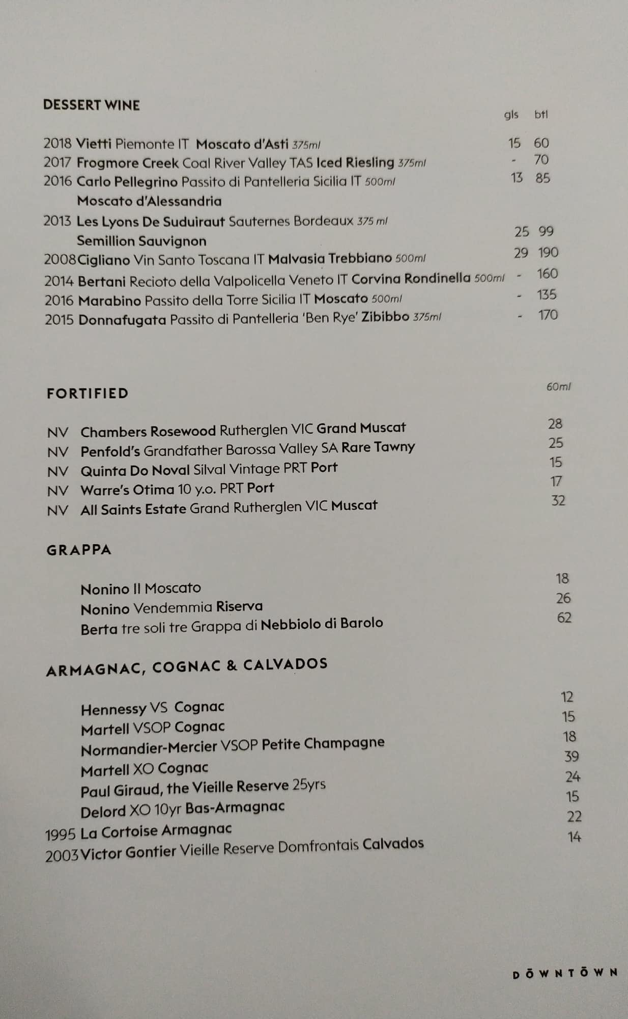 Menu at Matteo Downtown restaurant, Sydney