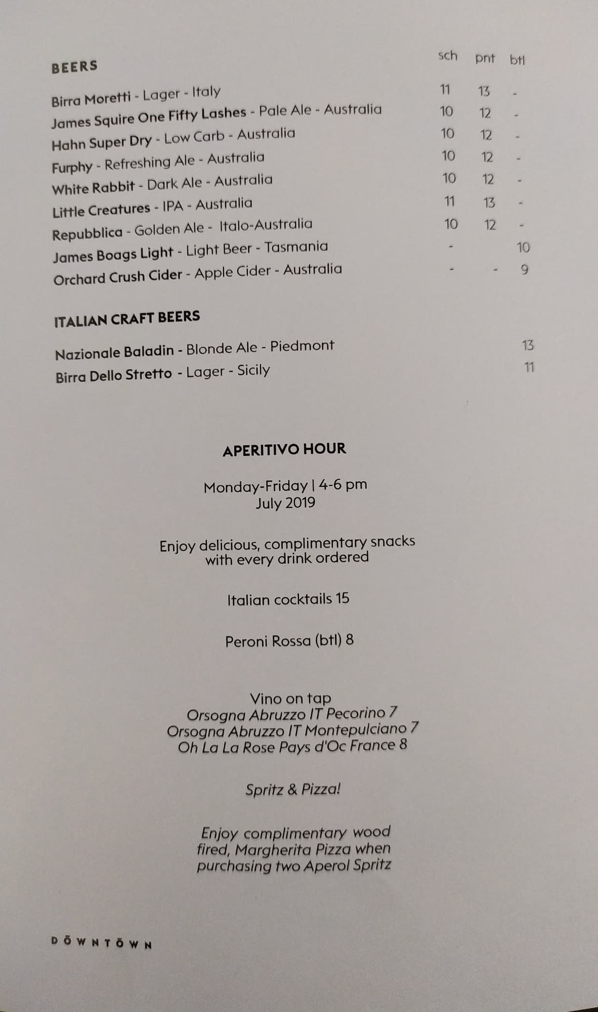 Menu at Matteo Downtown restaurant, Sydney