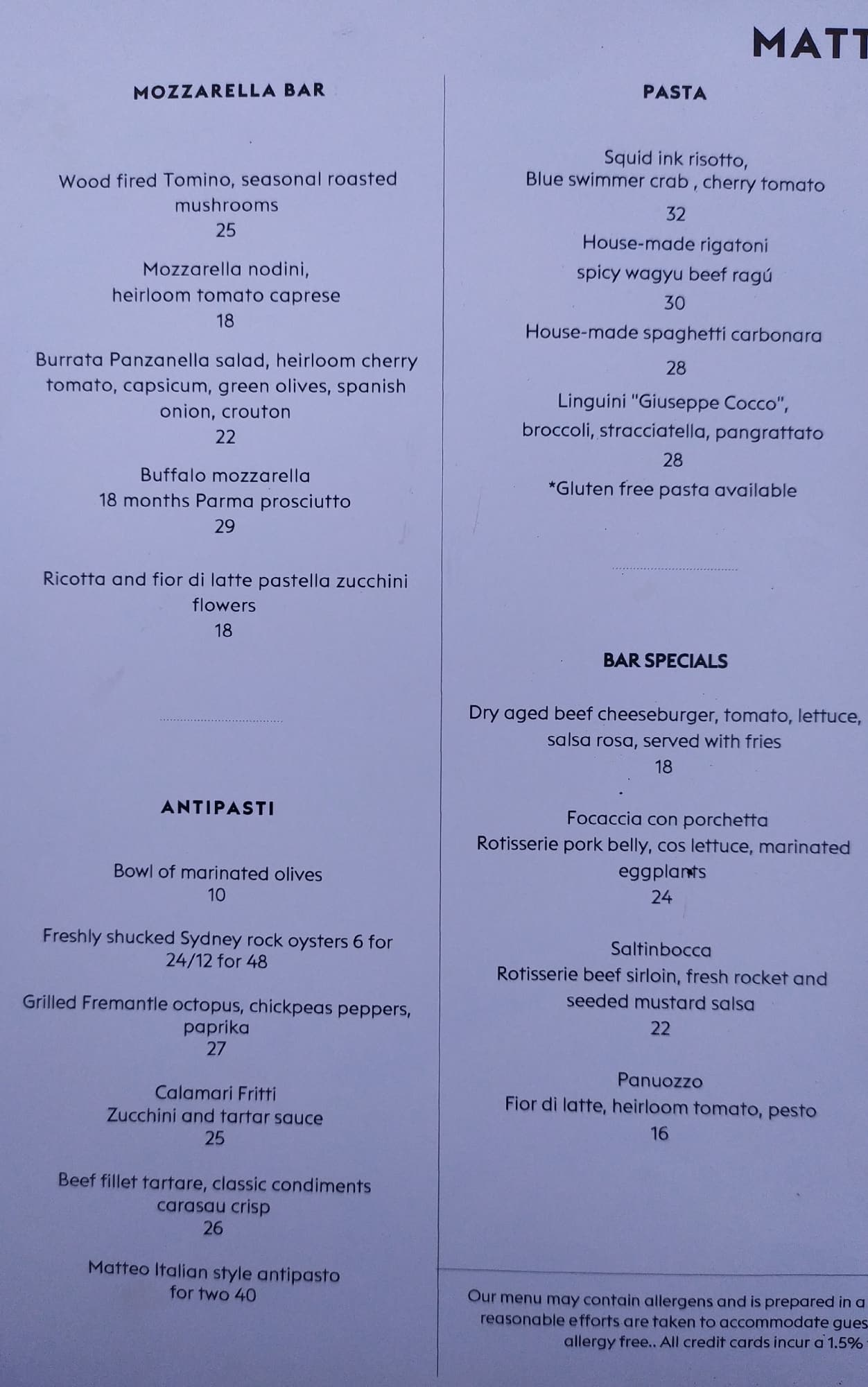 Menu at Matteo Downtown restaurant, Sydney