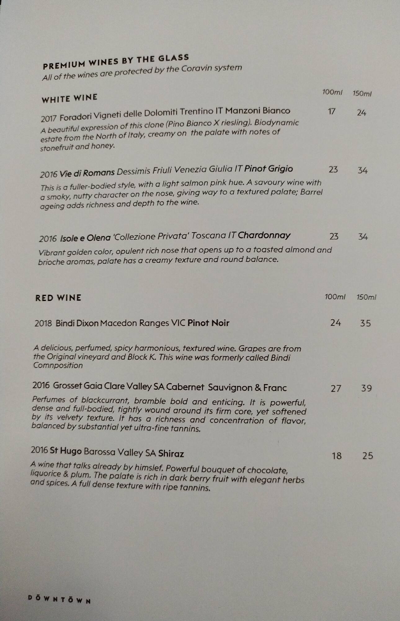 Menu at Matteo Downtown restaurant, Sydney