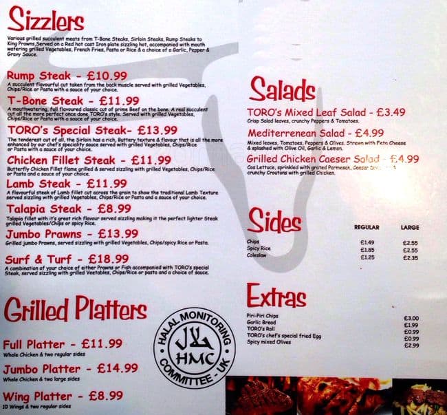 Menu at Toro's Steakhouse, Manchester