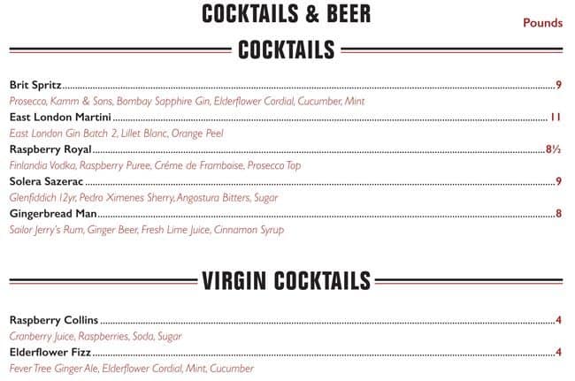 Menu at Rooftop at Smiths of Smithfield steakhouse, London
