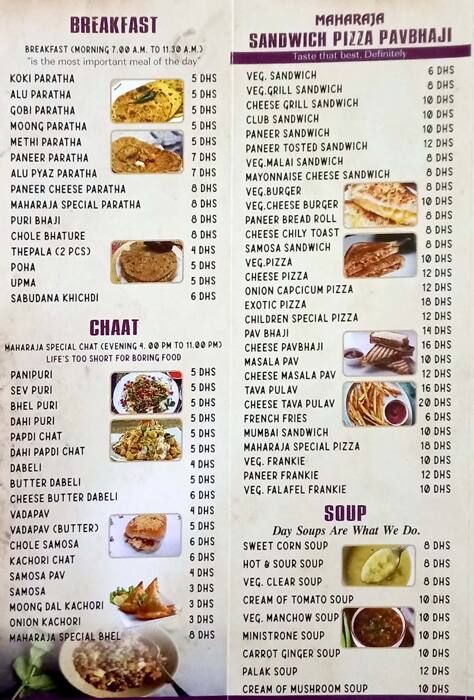 Menu of Maharaja Express, Meena Bazaar, Dubai