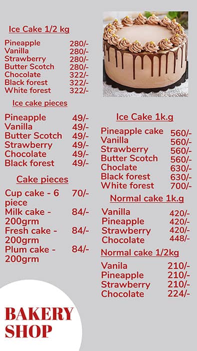 Menu of Bakery Shop, RT Nagar, Bangalore