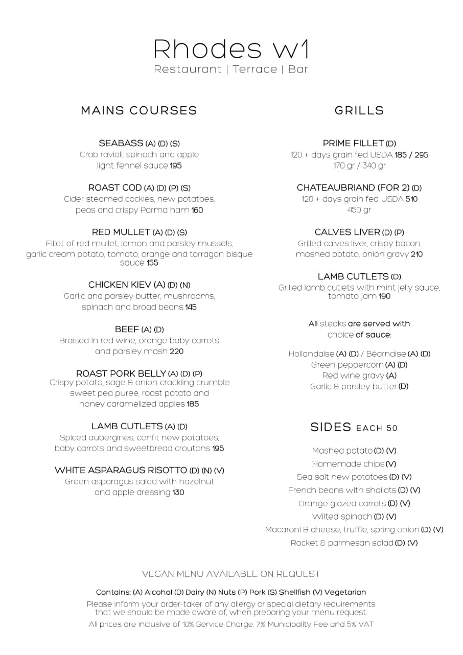 Menu at Rhodes W1 restaurant, Dubai