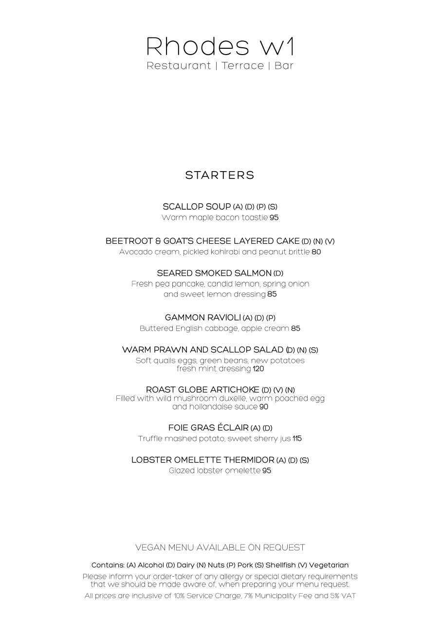 Menu at Rhodes W1 restaurant, Dubai