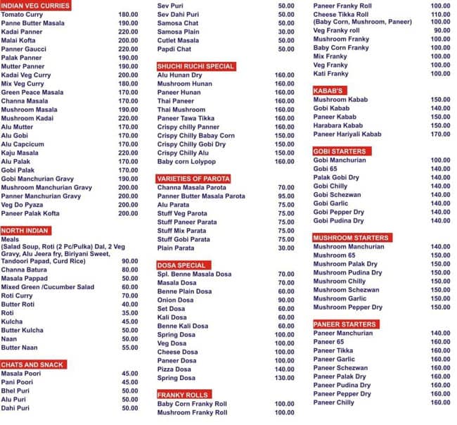 Menu of Shuchi Ruchi, Malleshwaram, Bangalore