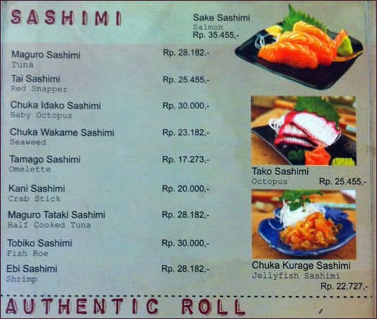 Menu at Ichiban Sushi restaurant, Jakarta, Jl. Boulevard Bar. Raya No.6A