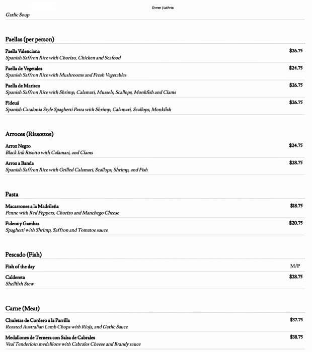 Menu at LaVinia Restaurant, Toronto