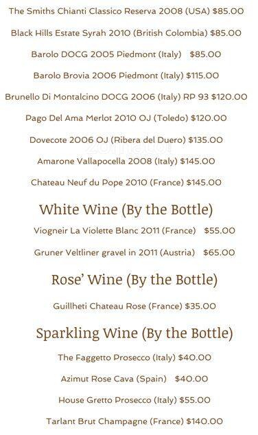 Menu at LaVinia Restaurant, Toronto