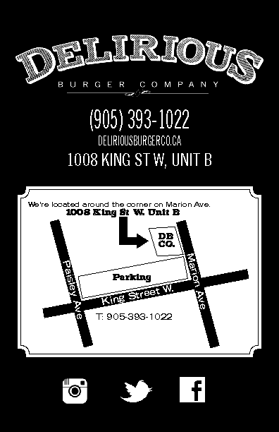 Menu at Delirious Burger Co. restaurant, Hamilton, King St W