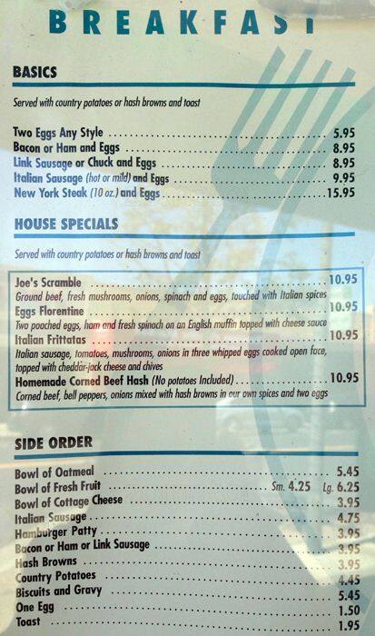 Menu at Big Joe's 8 restaurant, San Bruno