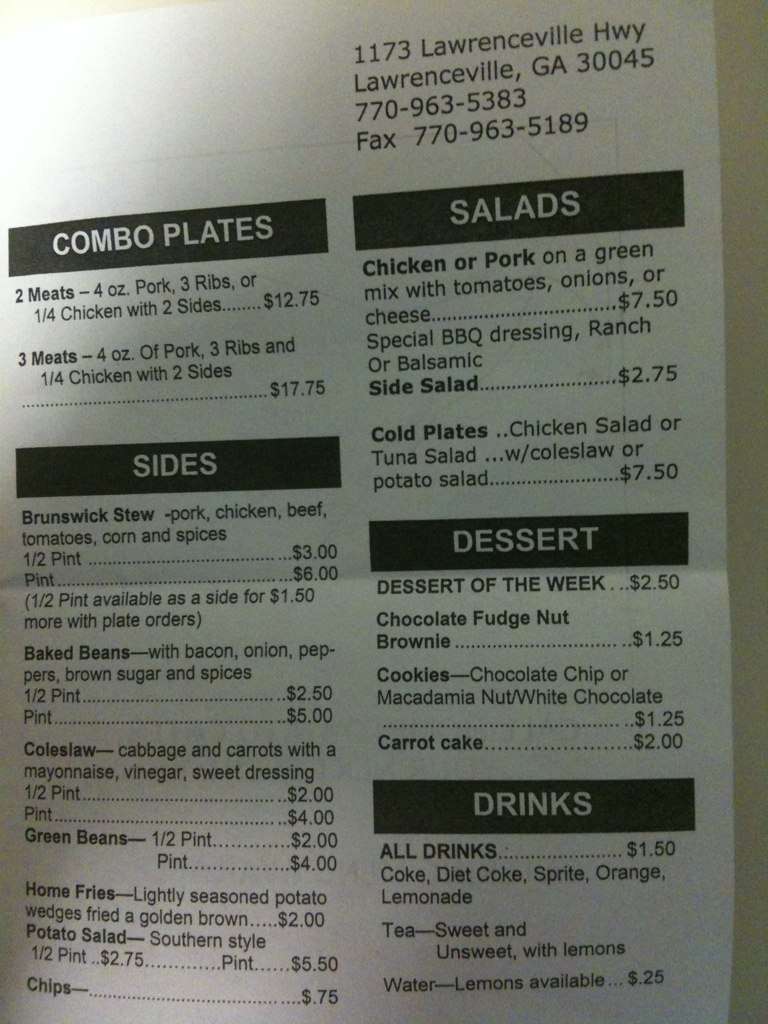 Menu at Hometown Barbeque, Lawrenceville
