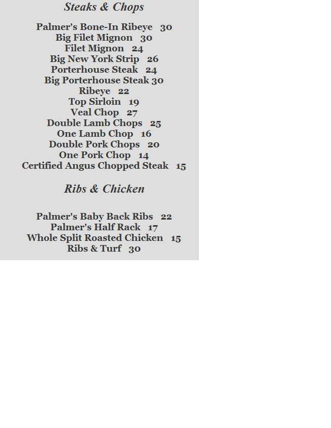 Menu at Palmer's Steakhouse, Hartland