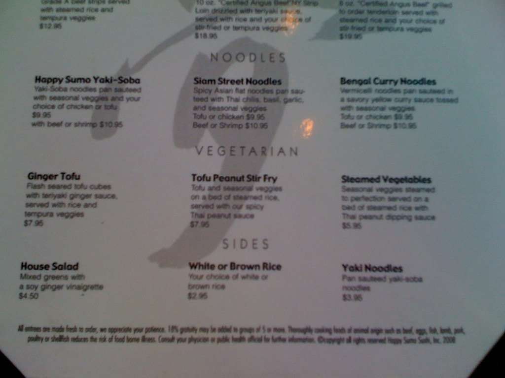 Menu at Happy Sumo restaurant, Salt Lake City, 153 S Rio Grande St