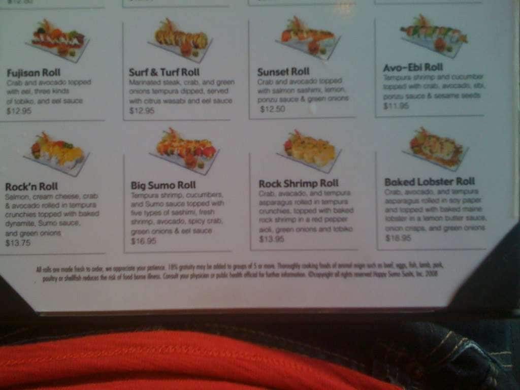 Menu at Happy Sumo restaurant, Salt Lake City, 153 S Rio Grande St