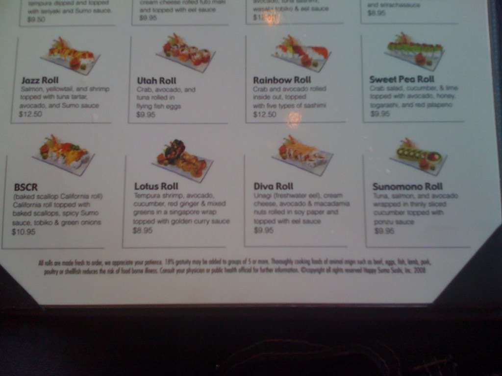 Menu at Happy Sumo restaurant, Salt Lake City, 153 S Rio Grande St